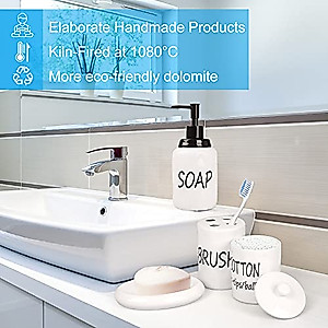 Gails Willing Bathroom Accessories Set, Ceramics Farmhouse Bathroom Decor Accessory Completes with Soap Dispenser, Cotton Jar, Vanity Tray, Toothbrush Holder (White)