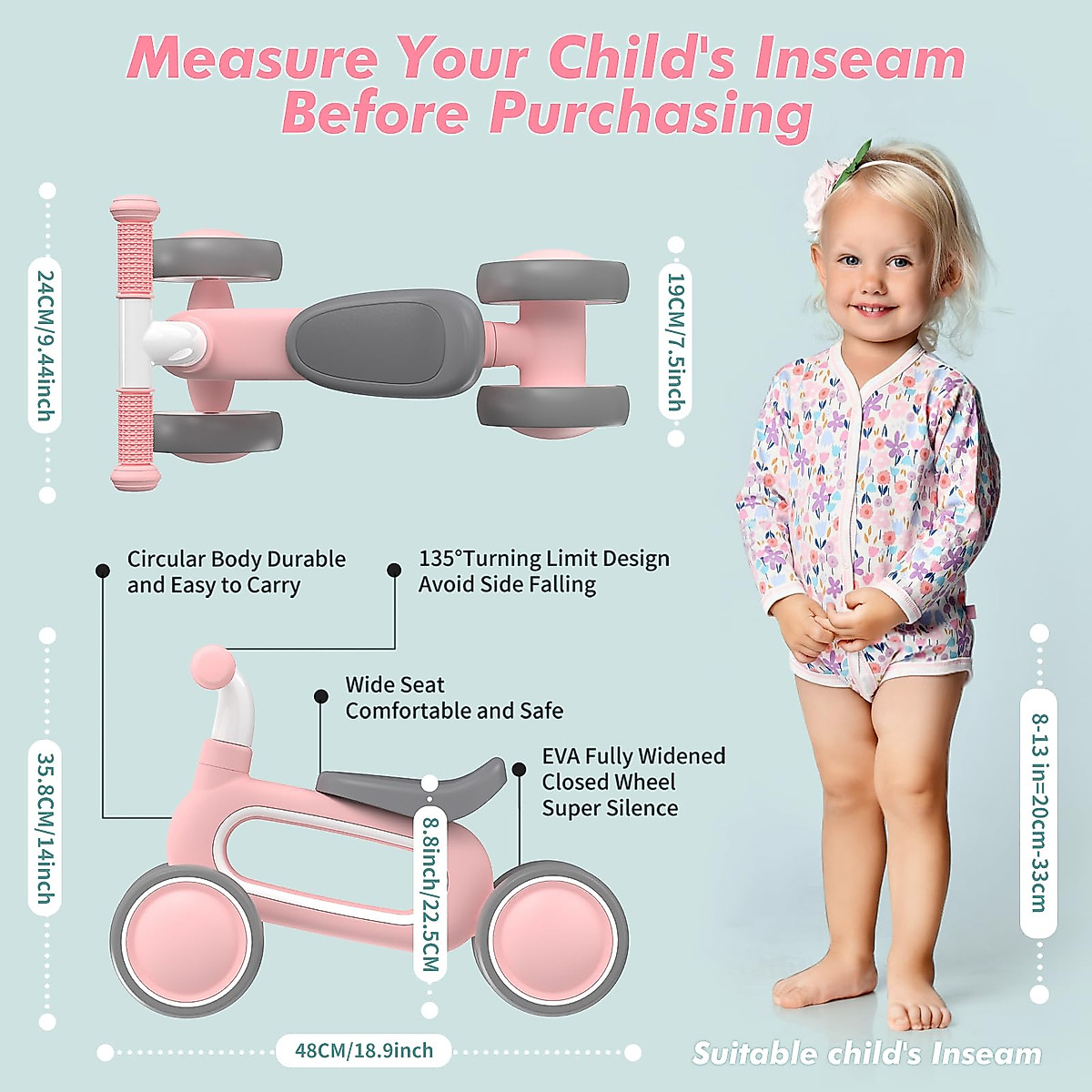 DRAMATION Baby Balance Bike for 1 Year Old Girls Gifts, 10-12 Months No Pedal Toddler Balance Bike with 4 Silence Wheels, 1st Birthday Gift, Ride On Toys for Boys Girls 1 Years Old, Pink