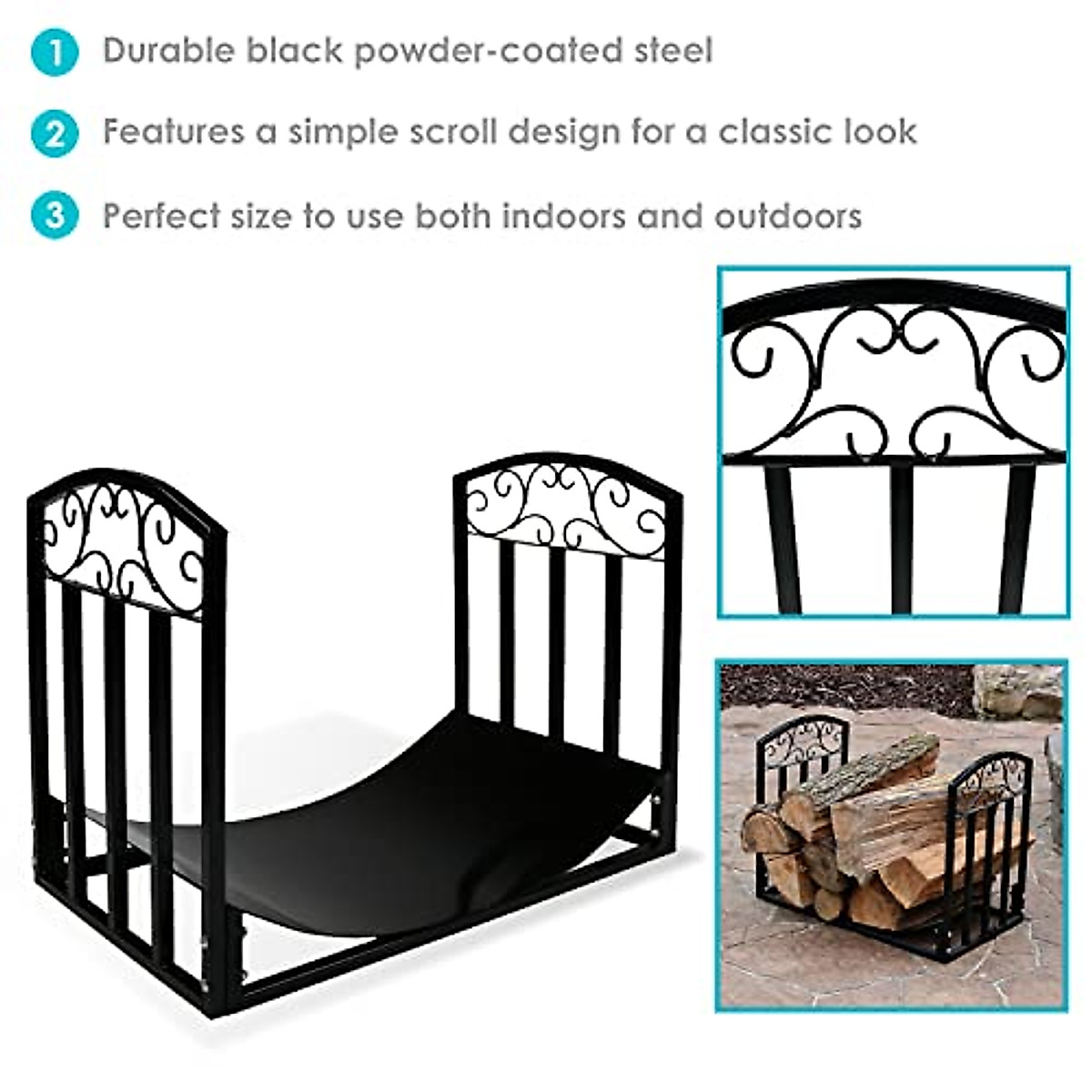 Sunnydaze 2-Foot Firewood Log Rack - Indoor/Outdoor Black Powder-Coated Steel Decorative Fireplace Wood Storage Holder