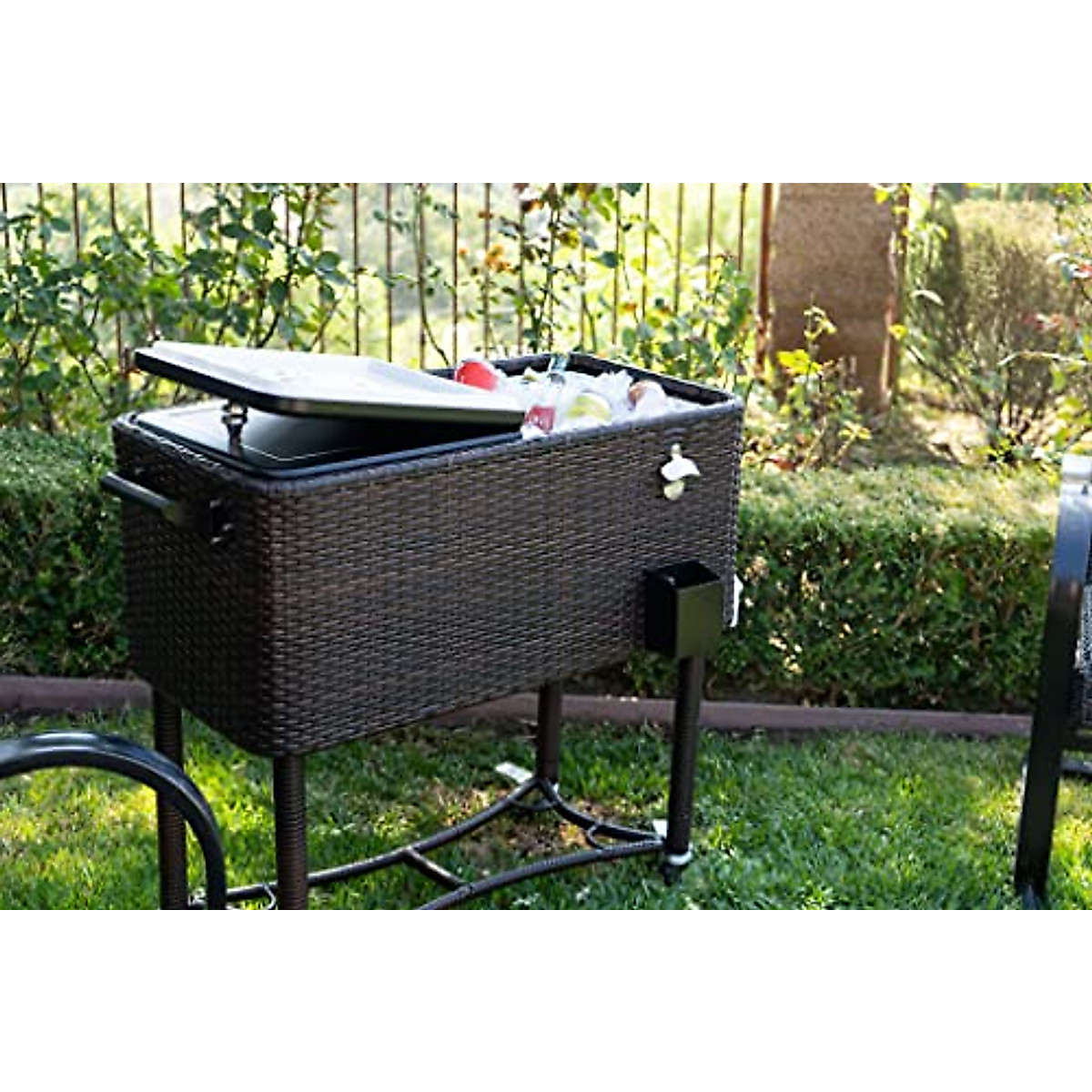 Permasteel 80-Qt Hand-Woven Wicker Patio Cooler with Wheels | Beverage Rolling Cooler for Backyard Deck, PS-A208-BB, Outdoor Drink Cart, Rattan Style, Brown