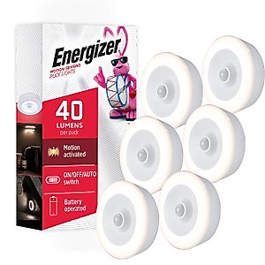 Energizer Motion Activated LED Puck Lights, 6 Pack, Battery Powered, Wireless Lights, Under Cabinet Lighting, Stick On Lights, Perfect for Kitchen Under Cabinet, Hallways, Closets, and More, 59325-T1
