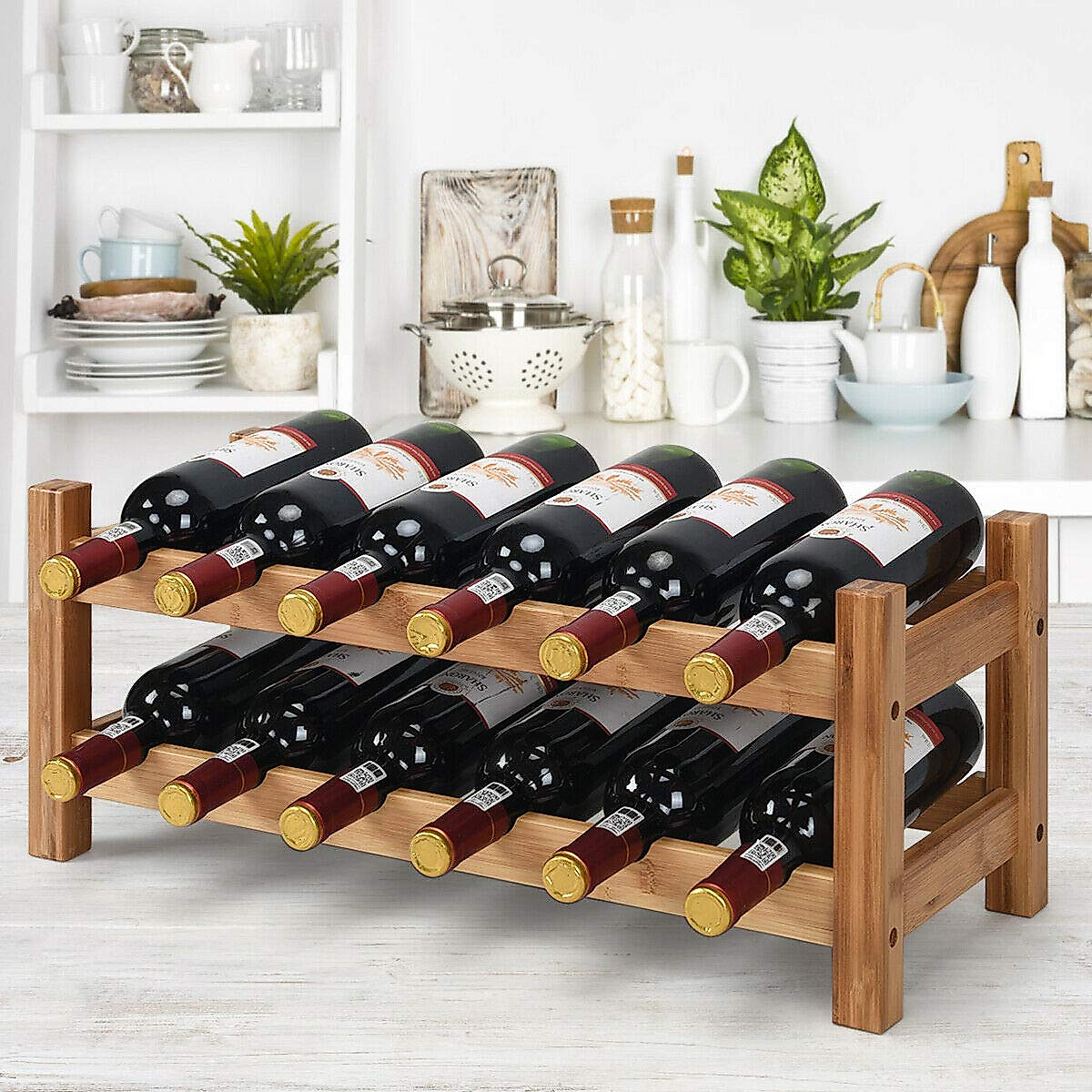 COSTWAY Wine Rack, Bamboo 12 Bottles 2-Tier Wine Display Rack for Countertop Home Kitchen Pantry, Free Standing Wine Storage, Rack Tabletop Wine Rack (Nature)