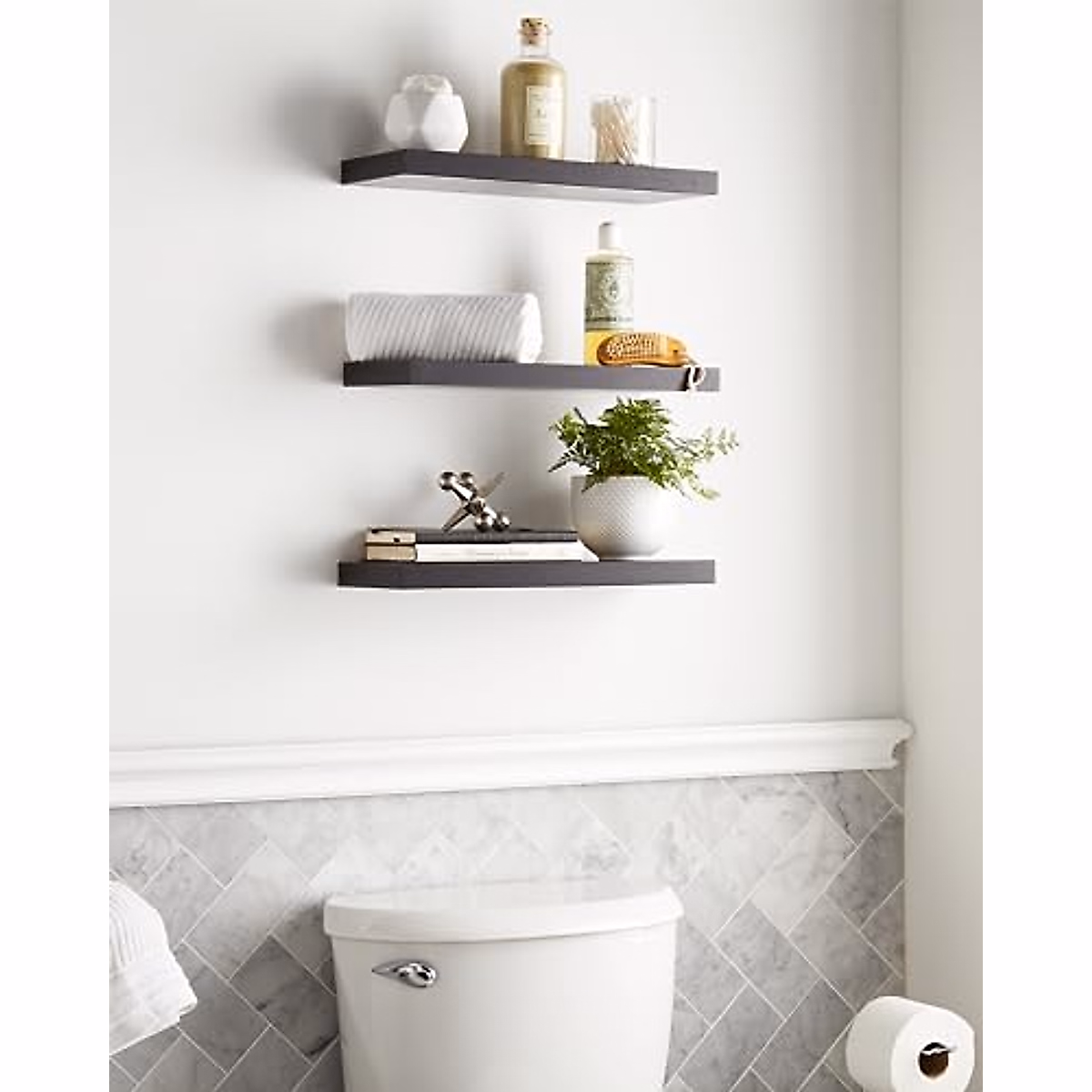 BAYKA Floating Shelves, Wall Mounted Rustic Wood Shelves for Bathroom, Bedroom, Living Room, Kitchen, Small Hanging Shelf for Books/Storage/Room Decor with 22lbs Capacity (Black, Set of 3, 16in)