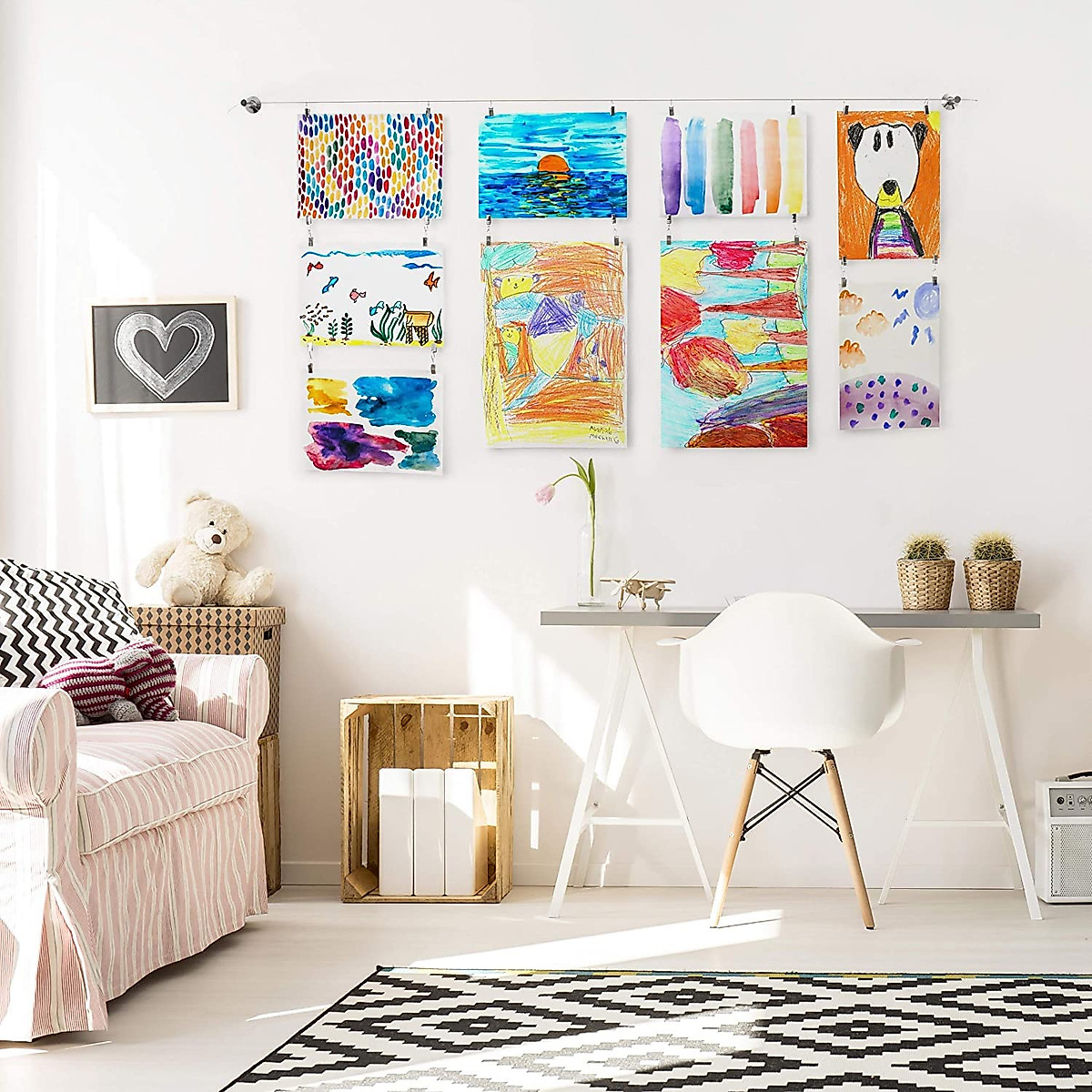 Art Display for Kids Artwork - 10ft Alloy Steel Wire with 48 Clips | Willow & Eva