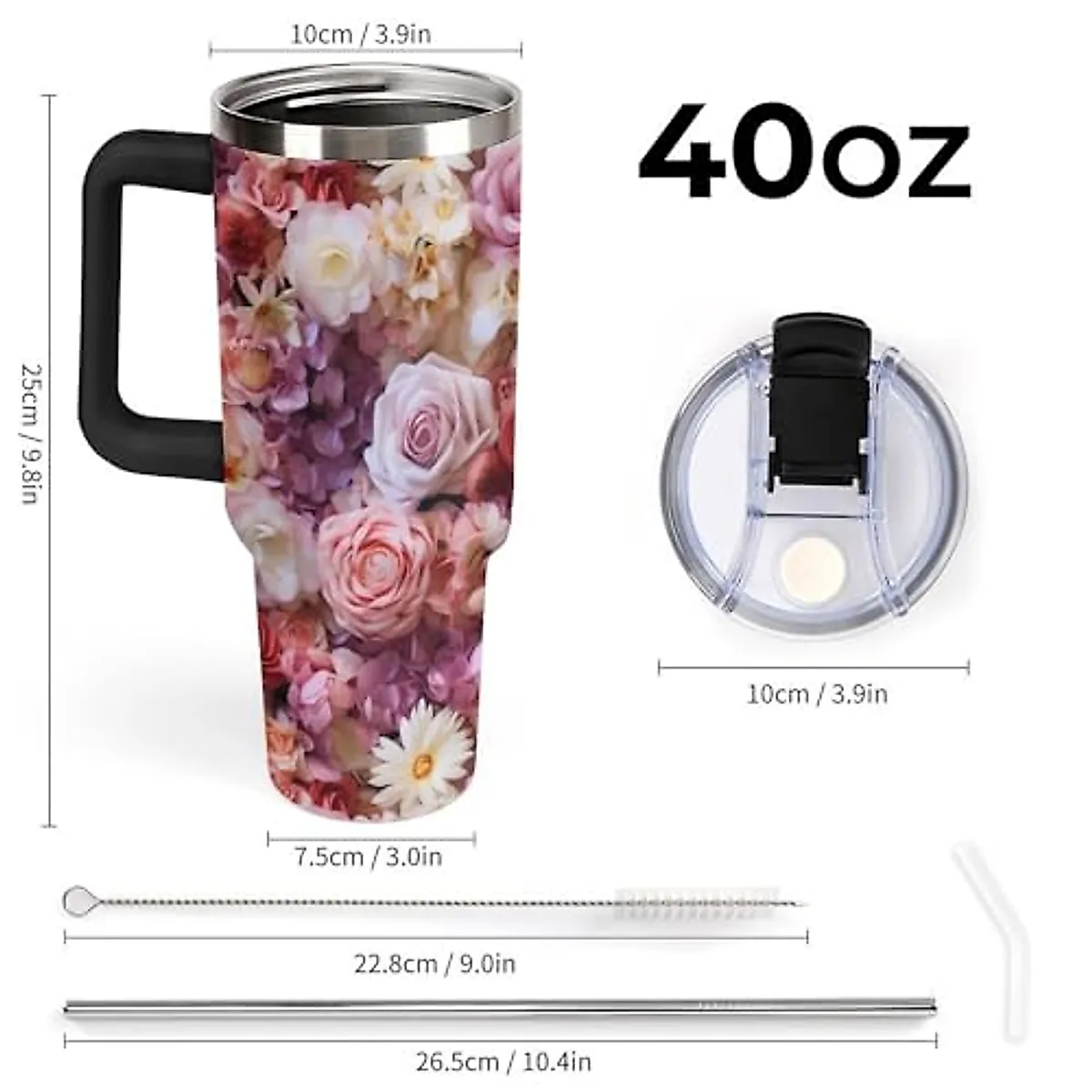 Colorful Yellow Red Rose Flower 40 Oz Stainless Steel Cup Travel Tumbler with Handle and Straw Lightweight Coffee Mug for Home Office