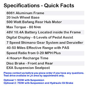 Overfly Hummer 20"x4"Fat Tire Electric Folding Bike for Commuter with 500W Bafang Motor, 48V/10.4A Battery, 7 Speed, and 6 PAS (Class 2)