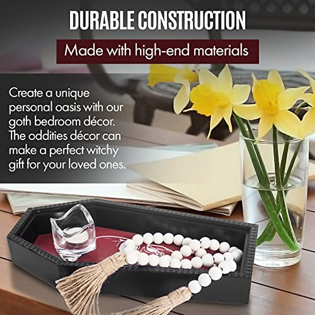 CEFRECO Wooden Coffin Tray - Gothic Halloween Serving Trays - Spooky Goth Home Decor for Makeup Organizer for Vanity - Crystal Tray Holder for Stones Display - Witchy Gifts for Women