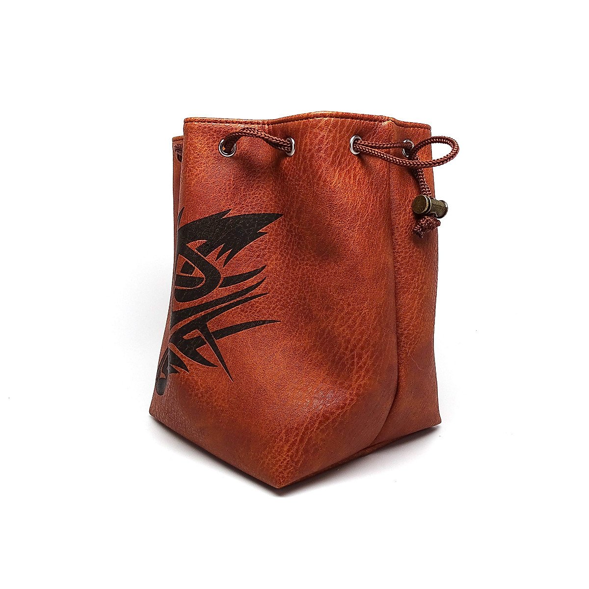 Brown Leather Lite Large Dice Bag with Wolf Design - Brown Faux Leather Exterior with Lined Interior - Stands Up on its Own and Holds 400 16mm Polyhedral Dice
