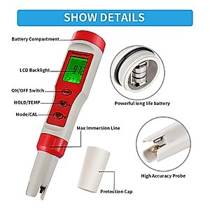 iPower Digital Water, 4 in 1 Tester with pH/TDS/EC/Temp Function, ±0.1 High Accuracy, 0-14 Measurement Range for Hydroponics, Aquarium, Pond, 4-in-1, Red and White