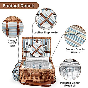 Picnic Cooler Basket Set for 2 Persons with Large Waterproof Picnic Blanket, Cutlery Service Kit and Adjustable Strap