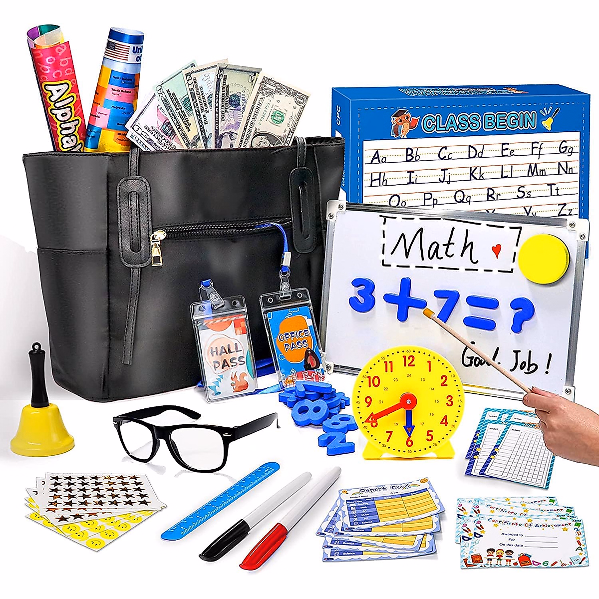 Alritz Pretend Play Teacher Set Classroom Learning Education Includes Reusable White Board Bell Clock and More, Be Teacher Student, for Boys Girls 5 6 7 8 9 10 11 12 Years Old