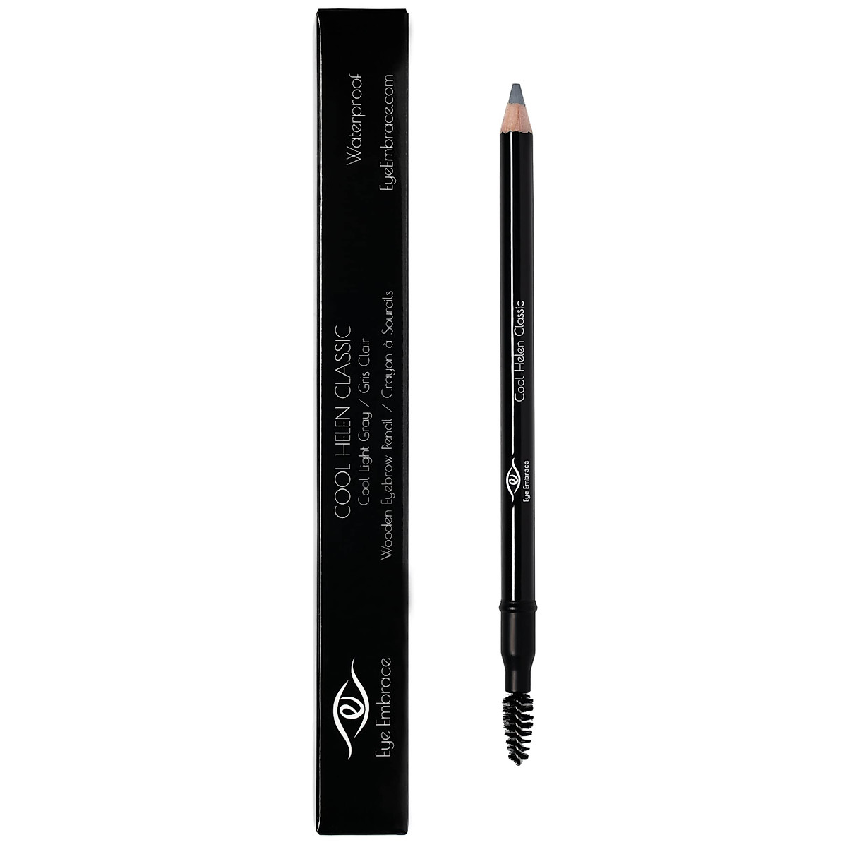 Eye Embrace Cool Helen Classic: Light Gray Wooden Eyebrow Pencil – Waterproof, Double-Ended Pencil with Sharpener & Spoolie Brush, Cruelty-Free