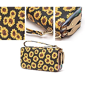 Ecohaso Sunflower Wallets for Women, Girls Wallets Cute Sunflower Pattern, Double Zipper Long Leather Wristlet Clutch Purses with Multiple Card Slots and Removable Wrist Strap for Girls (Sunflower)