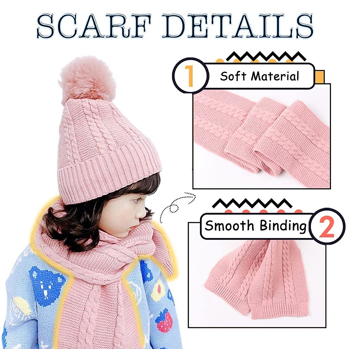 Kids Winter Hat Scarf Mittens Set Toddler Knitted Beanie Girls Fleece Children Neck Warmer Boys Warm Gloves 2-7 Years (Pink)