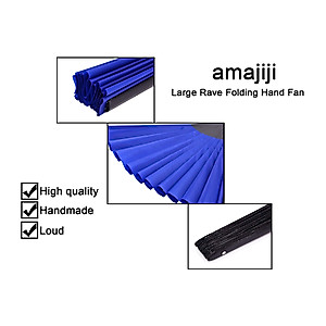 Amajiji Large Folding Hand Rave Fan for Women/Men, Chinease/Japanese Bamboo and Nylon-Cloth Folding Hand Fan for Performance, Festival, Events, Gift, Craft, Dance, Decorations (Blue)