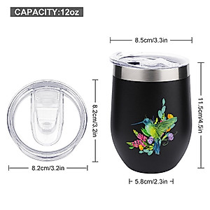 Hon-Lally Hummingbird Flower Pattern 12 oz Stainless Steel Wine Tumbler with Lid Mug Cup Double Wall for Coffee, Cocktail, Drink, Tea and Beer - black-style