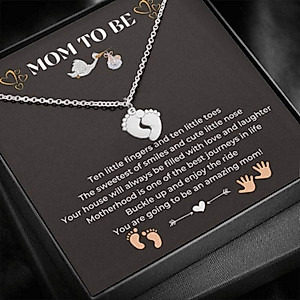 LOTUS-A Mom To Be Gift - Baby Feet Pendant Necklace with a Message Card Pregnancy Present for First Time Moms Expecting Women Pregnant Wife Sister Daughter Valentine's Mother's Day Christmas Birthday