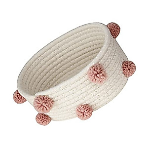 Cotton Rope Basket Storage Bin: Cotton Storage Baskets Woven Blanket Baskets with Pompom Round Storage Organizer for Dirty Clothes Pet Kids Small Items Storage 20X15CM