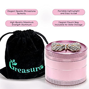 GREASURE Butterfly Pink Grinder 2.5 inch - Aluminum 4 Piece Cute Spice Grinder with Velvet Gift Pouch Bag, Scraper and Brush Tools