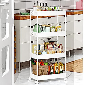 SPACEKEEPER Storage Cart, 4-Tier Mobile Shelving Unit, Bathroom Rolling Cart Utility Storage Organizer Shelf for Kitchen Living Room Bathroom Laundry Room & Dressers, White