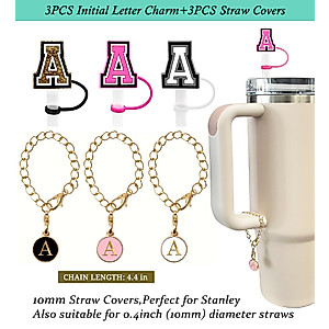 （3 +3) 3PCS Nuozme Straw Cover 10mm For Stanley Tumbler Cup Reusable Straw Cap Topper with 3 Initial Letter Charms Accessories Name ID Personalized Handle Charm For Stanley 30&40 Oz Cup Tumbler
