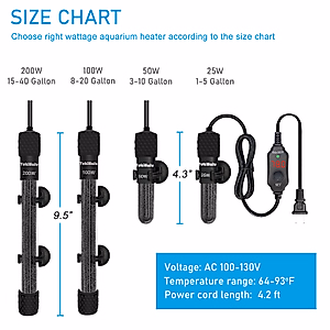 YukiHalu Small Submersible Aquarium Heater, Adjustable Mini Fish Tank Heater 25W 50W 100W 200W 300W with External Temperature Controller, LED Display, Used for 5/10/20/40/60 Gallons (50 Watts)