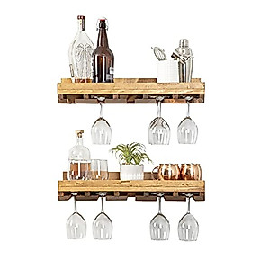 del Hutson Designs Rustic Luxe 24 Inch Farmhouse Solid Pine Wood Wall Mount Wine Bottle Stemware Rack Display Shelf, Set of 2, Walnut