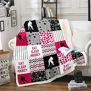Ice Hockey Plush Bed Blanket, Hockey Player Throw Blanket Throw Size for Teens Kids Boys, Geometric Plaid Grid Sherpa Blanket Sports Games Fleece Blanket Decorative Sofa Couch, Black White and Red
