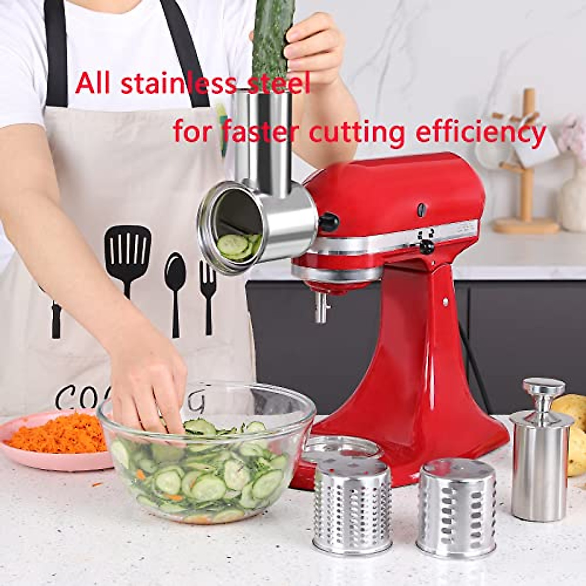 Stainless Steel Slicer Shredder Attachments for KitchenAid Stand Mixers, Dishwasher Safe, Large Vegetable Cheese Grater Slicer Accessories with 3 Blades by Rafbar