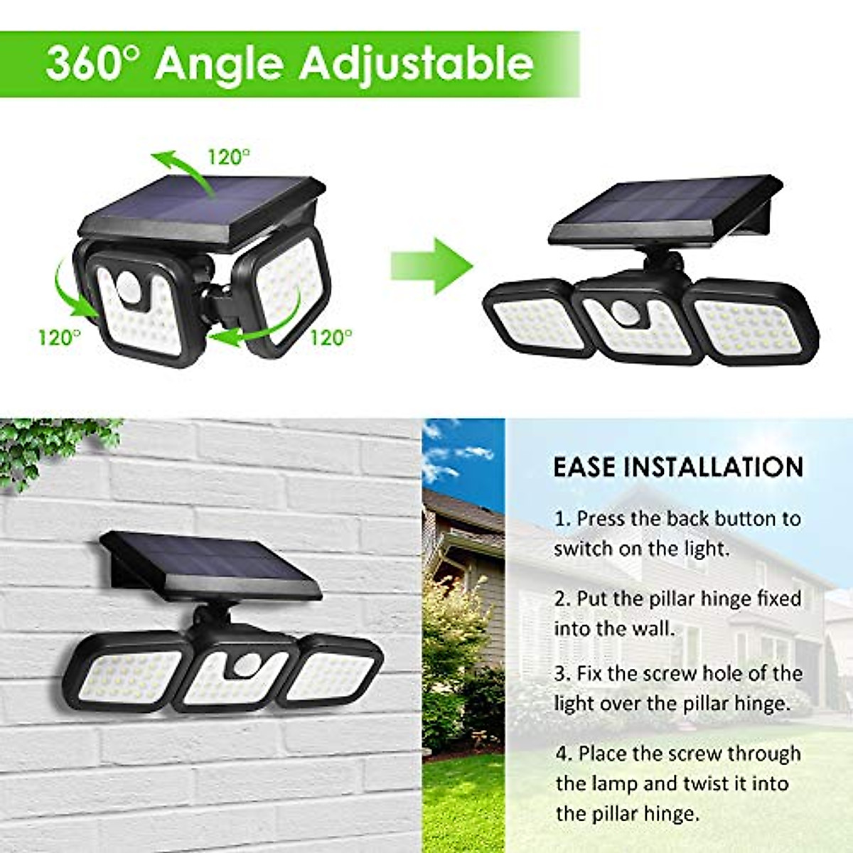 Viugreum 2 Pack Solar Security Light Outdoor, 74 Led 50W 5000LM Solar Motion Sensor Lights with 3 Adjustable Heads, 6000K Daylight White IP67 Waterproof Outdoor Flood Lighting for Garden, Garage