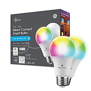 GE CYNC Smart LED Light Bulbs, Color Changing Lights, Bluetooth and Wi-Fi Lights, Works with Alexa and Google Home, A19 Light Bulbs, 2 count (Pack of 1)
