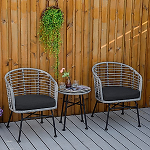 Outsunny 3 Piece Patio Bistro Set, PE Rattan Outdoor Furniture with Cushioned Barrel Chairs & Glass Coffee Table, Conversation Set for Porch, Backyard, Apartment, Balcony, Mixed Gray