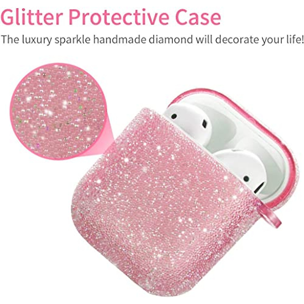 Bling Airpods Case, Cute Glitte Diamond Airpod 1st/2rd Case Cover for Girls Women, Rhinestone Airpods Protective Case with Keychain, Scratch Proof and Drop Proof (Pink)