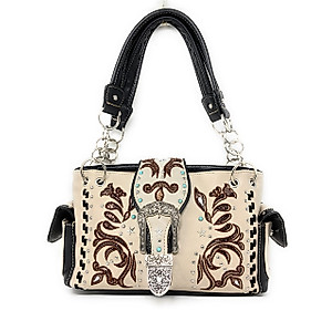 Texas West Western Style Rhinestone Concho Buckle Concealed Carry Purse Women Shoulder Bag in 4 colors (Beige)