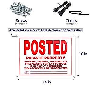 Posted No Trespassing Signs Private Property Mate No Hunting Sign 10x14 Inch Rust Free Aluminum,UV Ink Printing,Indoor or Outdoor Use(4 Pack)