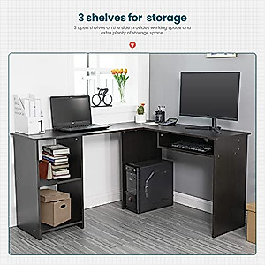 PayLessHere 55" L Shaped Desk,Corner Computer Desk Corner Gaming Desk for Small Spaces Study Writing Table Workstation with Storage Shelves for Home Office, Black