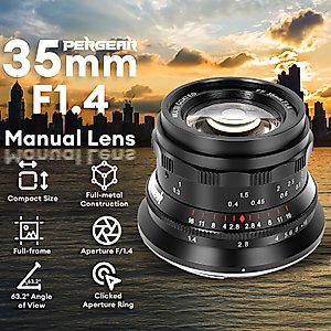 PERGEAR 35mm F1.4 Full-Frame Manual Focus Lens, Compatible with Sony E-Mount Cameras A7 A7II A7III A7R A7RII A7RIII A7RIV A7S A7SII A7SIII A9 A7C A6400 A6000 A6600 A6100 A6500 A6300 (Black)
