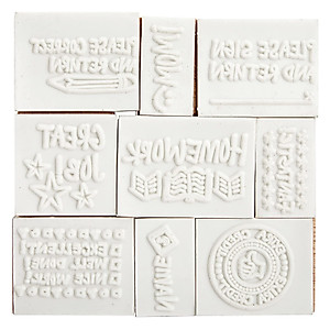 9 Piece Set of Wooden Rubber Teacher Stamps - Classroom Supplies for Grading Homework (Assorted Sizes)