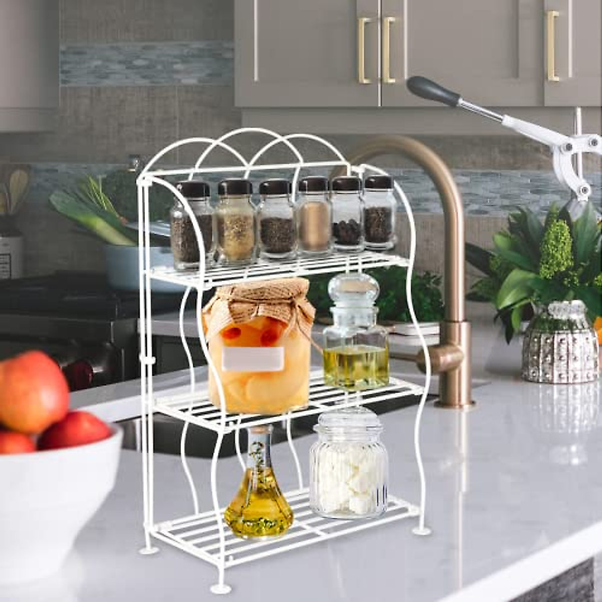 TOBEFORT Spice Rack Organizer for Cabinet, 3-Tier Expandable Countertop Seasoning Rack, Bottle Organizer and Storage for Bathroom Home Kitchen Pantry and Office, Metal, White