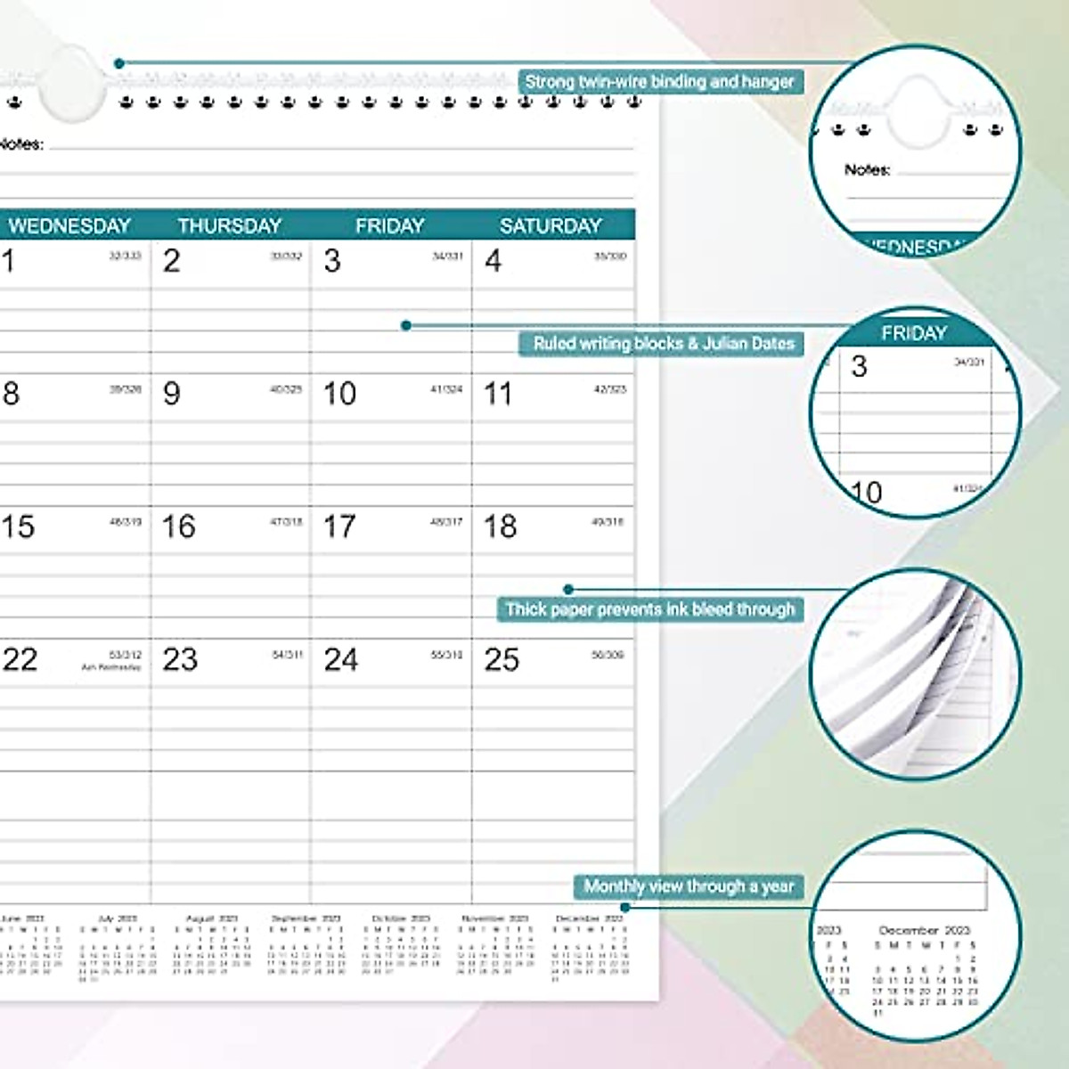 2023-2024 wall calendar - Desk/Wall Calendar 2023-2024, Jul.2023 - Dec.2024, 11-1/2"x14.68", Ruled Blocks, Spiral Bound, Monthly Calendar