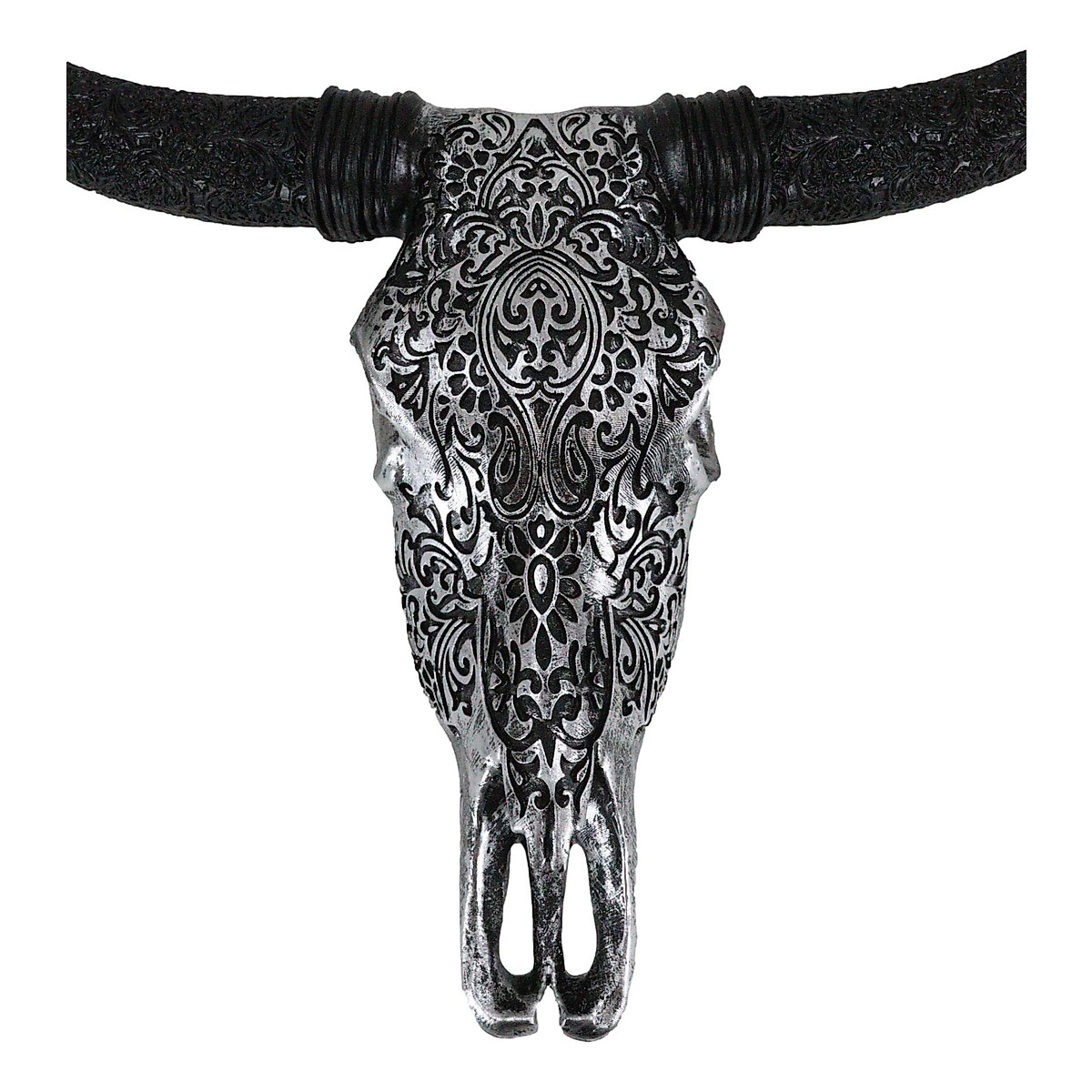 Ebros Gift Silver and Black Tribal Floral Vines Tooled Steer Bison Bull Cow Skull Head with Horns Wall Mount Decor Artistic Replica Native Animal Bust Skulls Hanging Mounted Plaque Sculpture