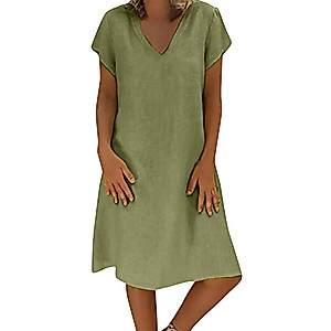 Ceboyel Summer Dresses for Girls Women Cotton Linen Short Dress Summer Shirt Dress V Neck Short Sleeve Beach Dresses Boho Ladies Clothing 2023 Green 2X