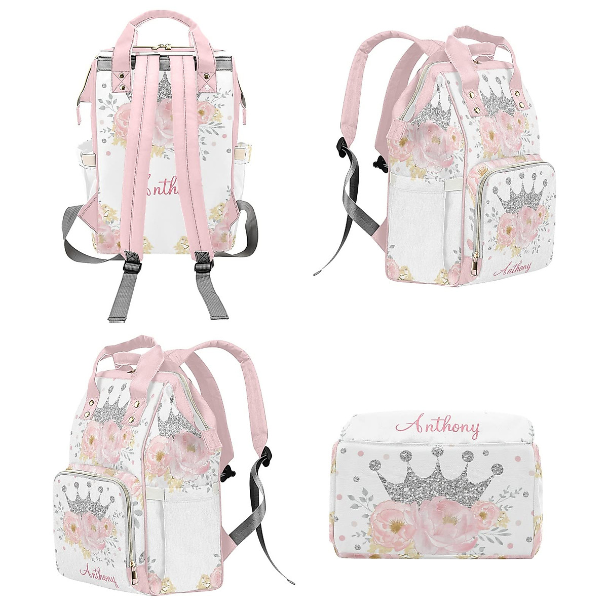 Floral Silver Crown Personalized Diaper Backpack with Name,Custom Travel DayPack for Nappy Mommy Nursing Baby Bag One Size