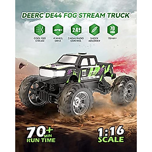 DEERC DE44 Remote Control Monster Truck with Fog Mist, Dual Motors Off Road RC Car, 4WD Rock Crawler with LED Lights, Spray Water Mist, 70+ Min Play, Toy Vehicle for Boys Girls and Adults