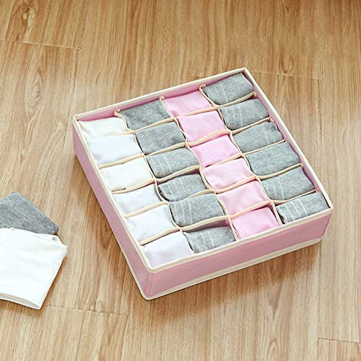Bunny Kachu Sock Drawer Organizer, Durable Soft Nonwoven Fabric and Paper Board Container Grid Divider Design Storage Box for Household(Pink)