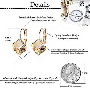 Cube Austrian Crystal Drop Leverback Earrings for Women Fashion 14K Rose Gold Plated Hypoallergenic Jewelry (Light Topaz)