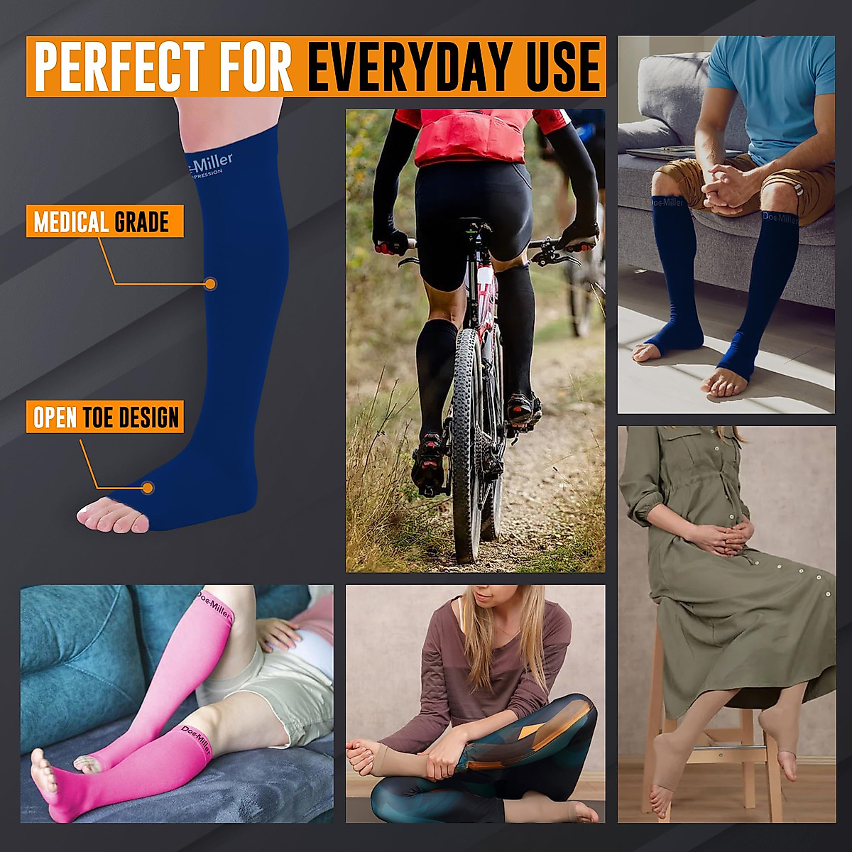 Doc Miller, Open Toe Compression Socks, 8-15 mmHg, Toeless, Support Circulation, Shin Splints, Calf Recovery, Varicose, Knee High, Medical Grade, Dark Blue Socks, Large Size for Men & Women, Pair