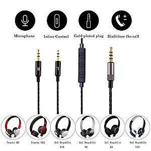 Tobysome Replacement Cable Cord for Sol Republic Master Tracks HD/Tracks HD2/Sol Republic V8/Sol Republic V10/Sol Republic 12/Sol Republic X3 (Remote Volume & Microphone Cable -Black)