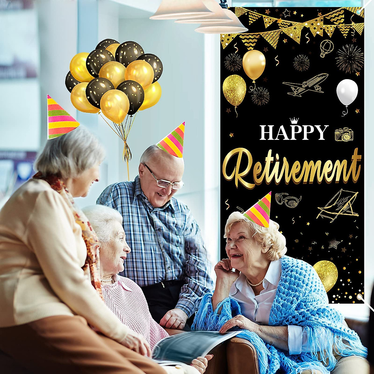 Happy Retirement Party Door Banner Decorations, Gold Black Retired Door Cover Party Supplies for Women Men, Retirement Photos Booth Backdrops Party Door Decor Sign