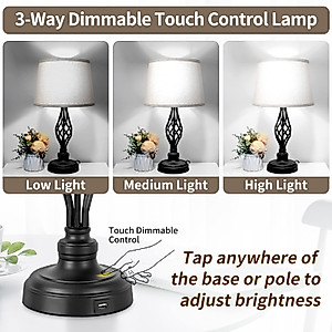 COSTUBE Set of 2 Touch Control 3-Way Dimmable Table Lamp with Switch, Bedside Lamp with USB Port AC Outlet Nightstand Lamp with Fabric Shade for Living Room Bedroom, Daylight White Bulbs Included